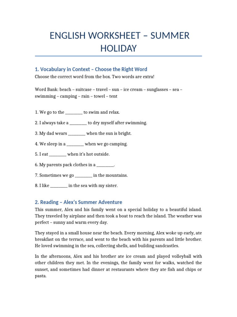 Summer Holiday Worksheet Grade3 Updated | PDF