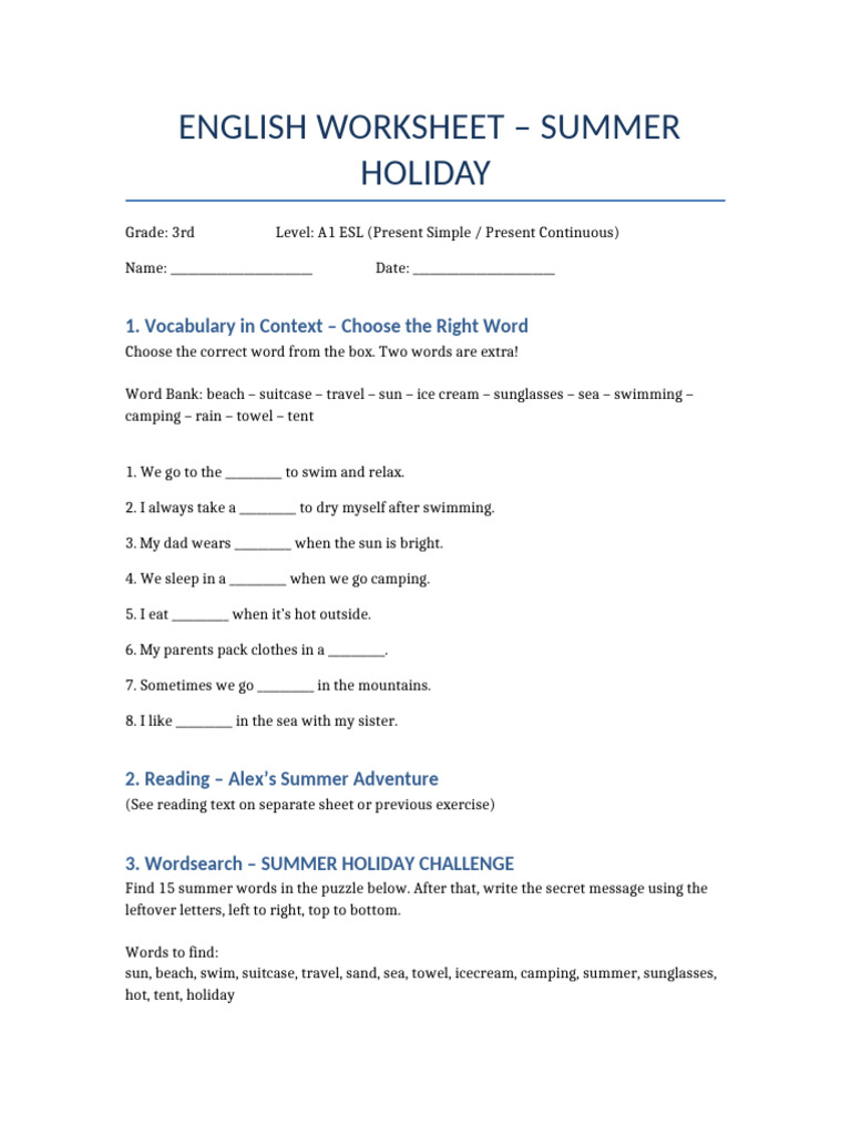 Summer Holiday Worksheet Grade3 | PDF | Word Search | Linguistics
