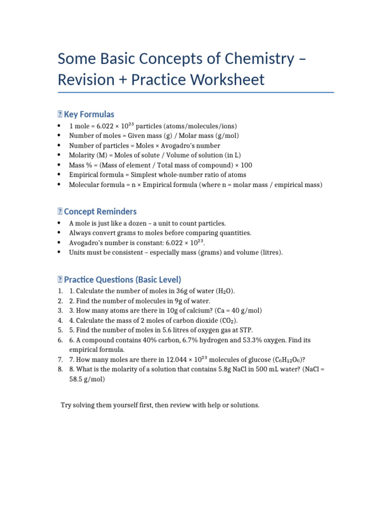 Chemistry Basics: Moles and Formulas Worksheet | PDF