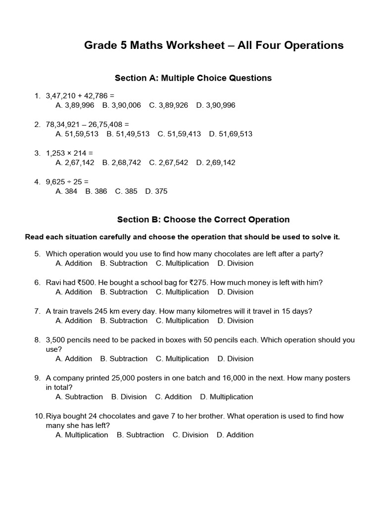 Grade 5 Four Operations Worksheet | PDF | Multiplication | Chess Theory