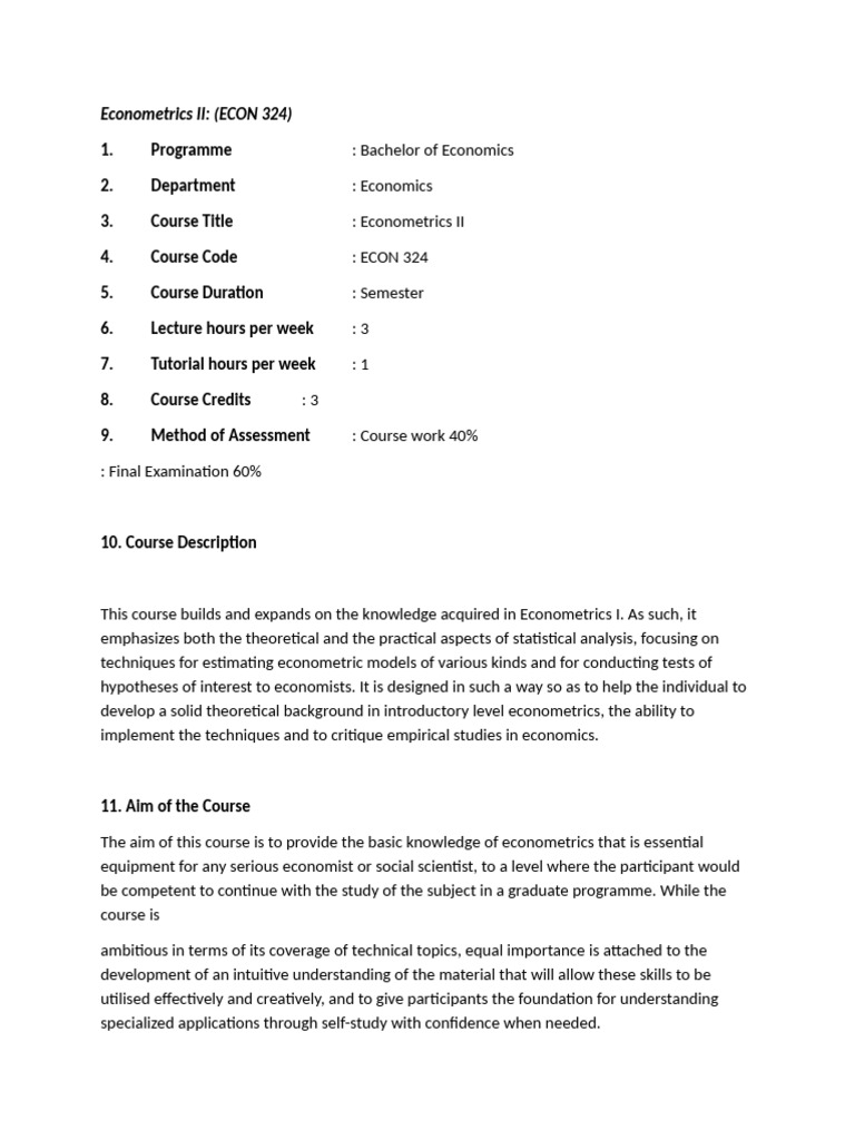 ECON 324: Advanced Econometrics II | PDF | Econometrics | Ordinary ...