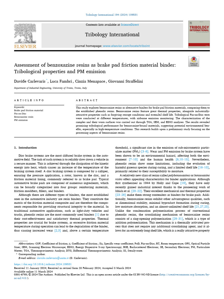Assessment of Benzoxazine Resins As Brake Pad Friction Material Binder ...