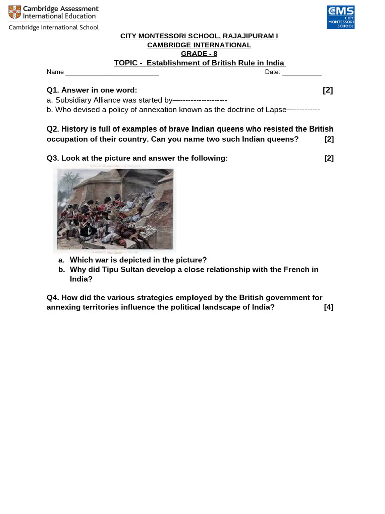 Grade VIII History Establishment of British Rule in India | PDF