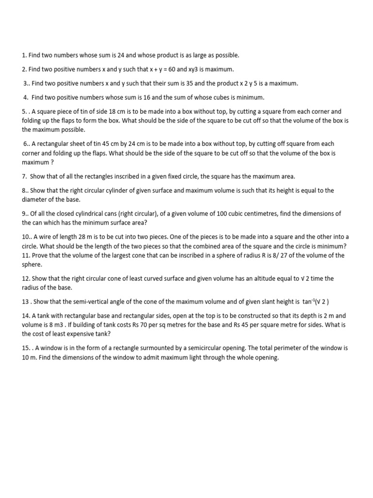 Applicationf of Derivatives Maxima and Minima Question | PDF