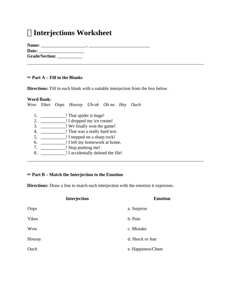 Worksheet Interjections | PDF
