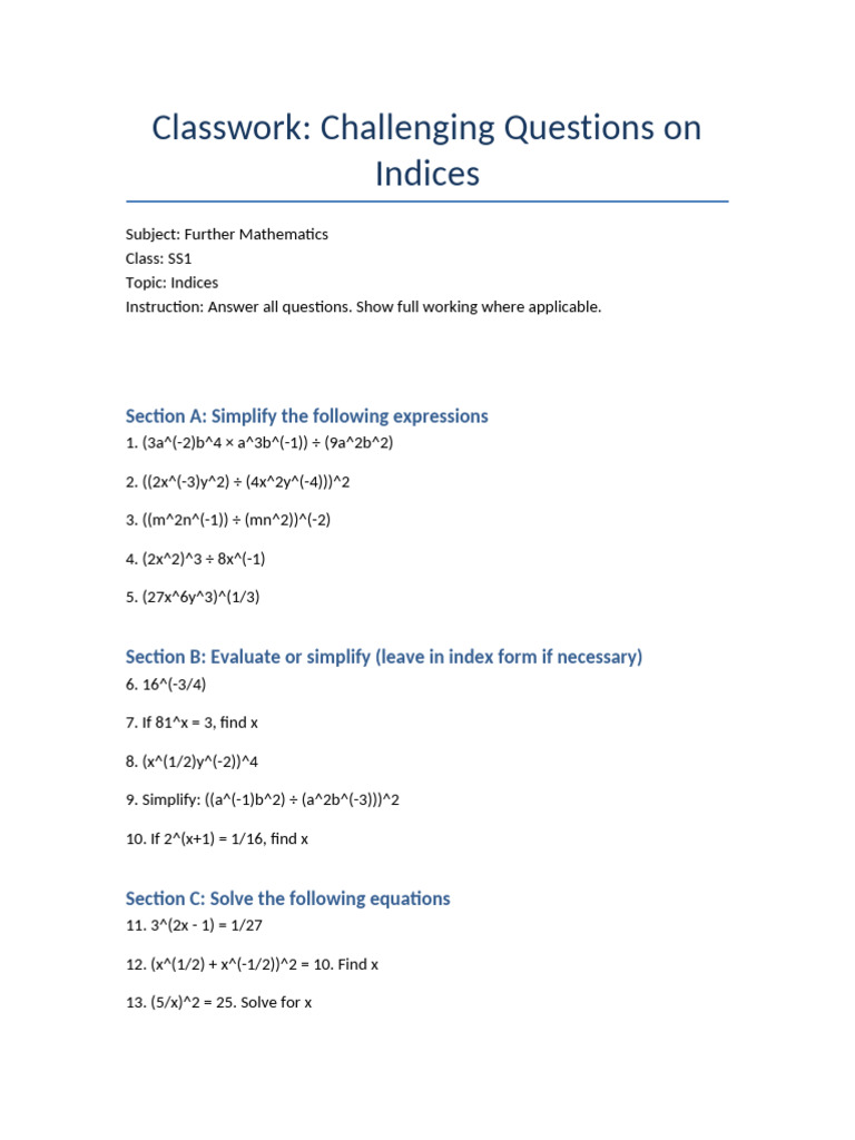 SS1 Indices Practice Questions | PDF