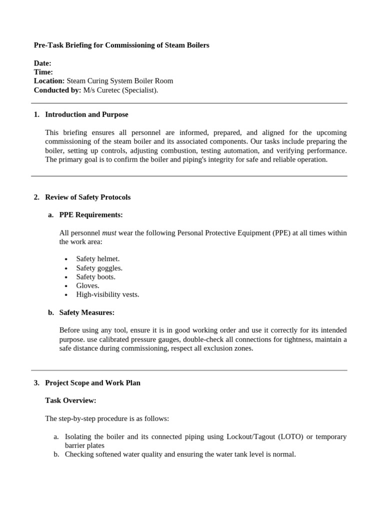 Pre-Task Briefing For Commissioning of Steam Boilers | PDF | Boiler | Pump