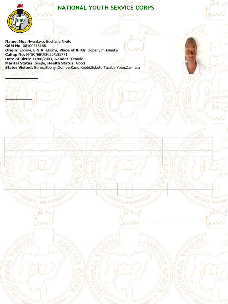 NYSC 2025 Corps Member Profile: Nwankwo | PDF
