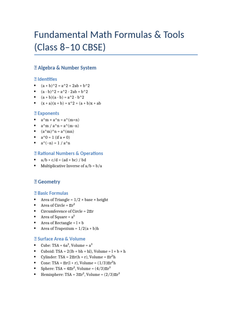 Essential Math Formulas for Grades 8-10 | PDF