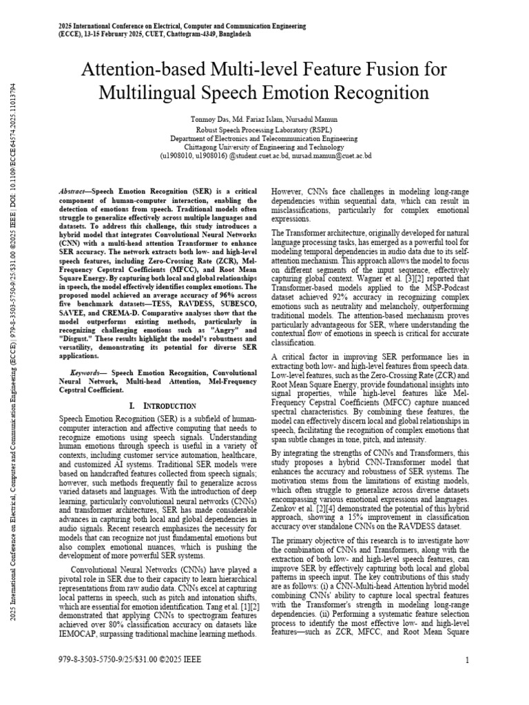 Attention-Based Multi-Level Feature Fusion For Multilingual Speech Emotion Recognition | PDF ...