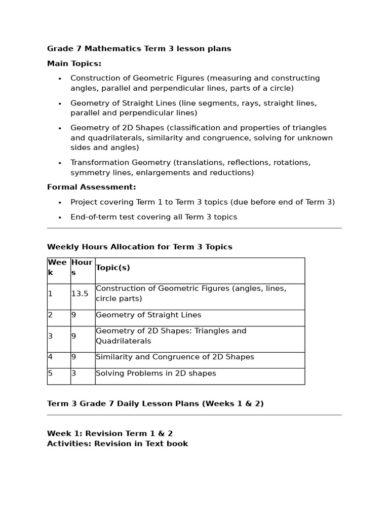 Grade 7 Term 3 Lesson Plans | PDF | Shape | Line (Geometry)