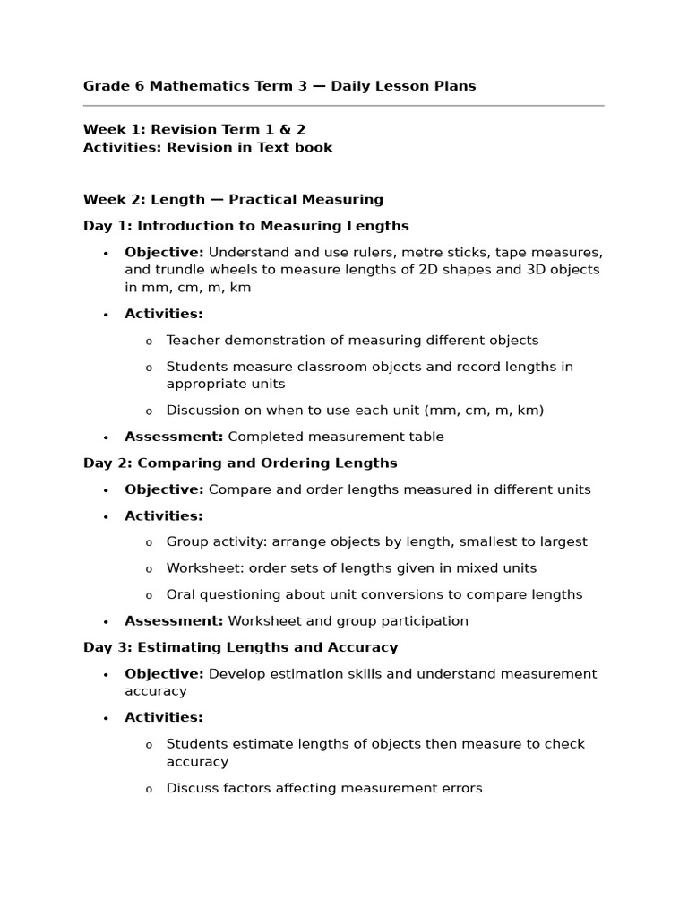 Grade 6 Term 3 Maths Lesson Plans | PDF | Volume | Area