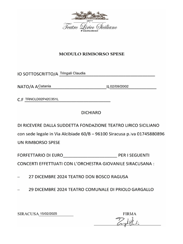 Modulo Rimborso Spese Concerti Orchestra Giovanile-2 | PDF
