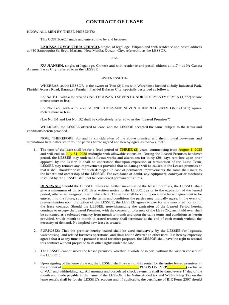 NEW CONTRACT OF LEASE B1 and B2 | PDF | Lease | Business Law