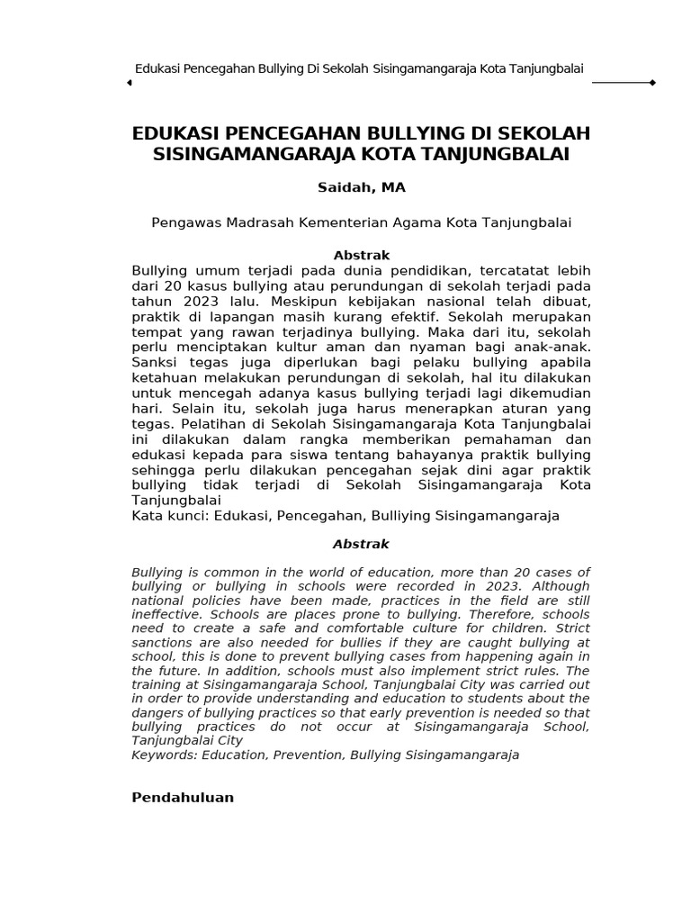 Jurnal Edukasi Pencegahan Bullying Di Sekolah Sisingamangaraja | PDF