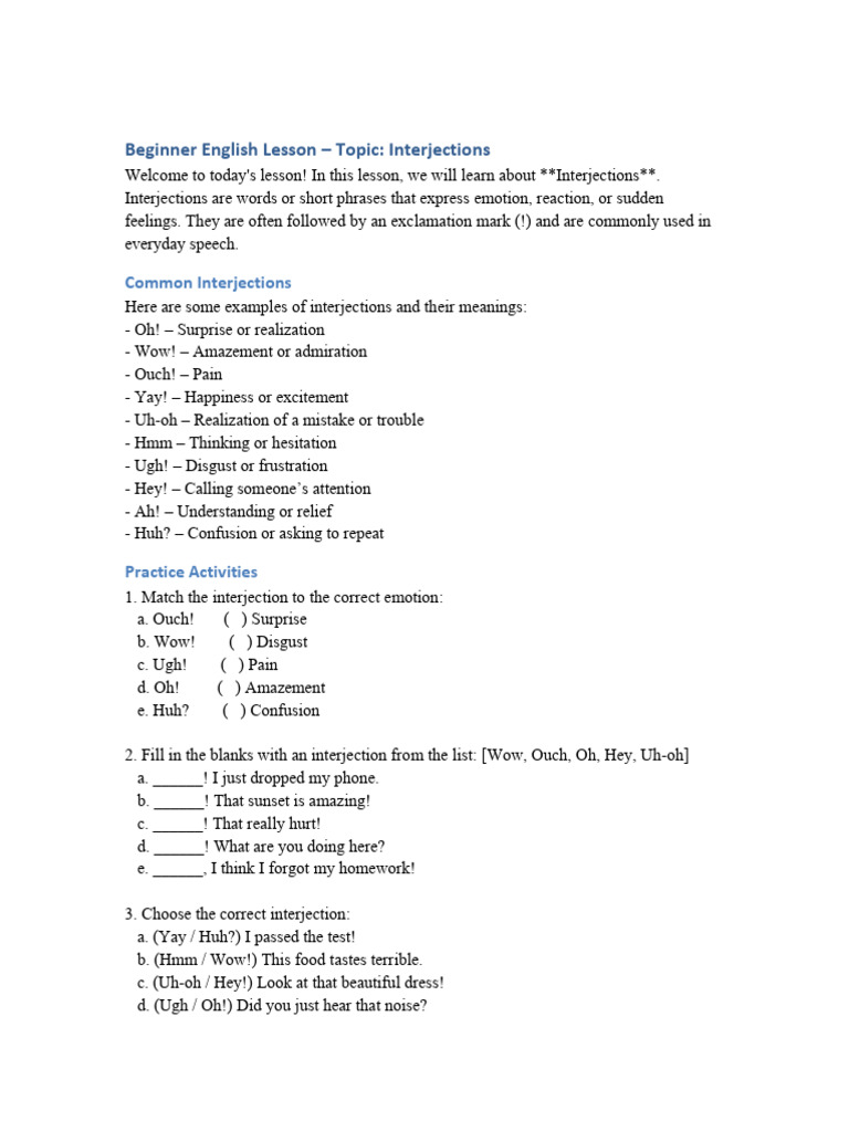 Beginner English Lesson Interjections | PDF