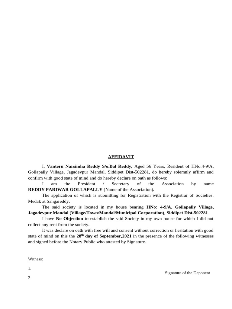 Society Registration Affidavit Format | PDF