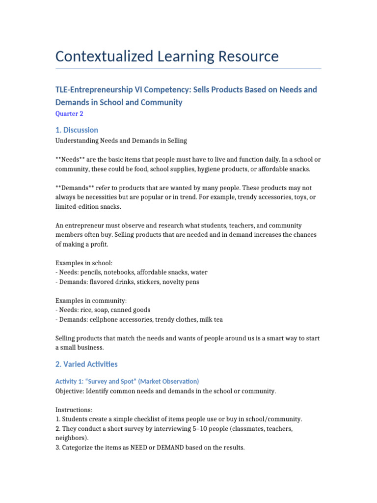 Contextualized Learning Resource TLE Selling Needs Demands | PDF ...