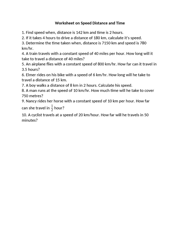 Worksheet On Speed Distance and Time | PDF