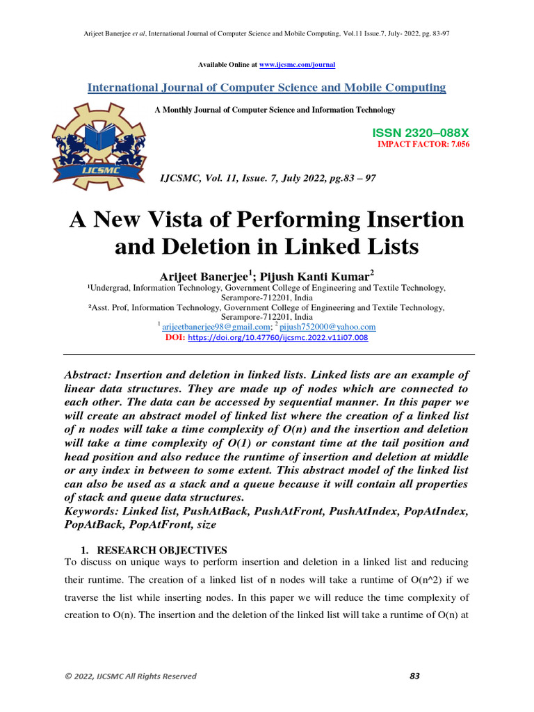 A New Vista of Performing Insertion and | PDF | Pointer (Computer ...
