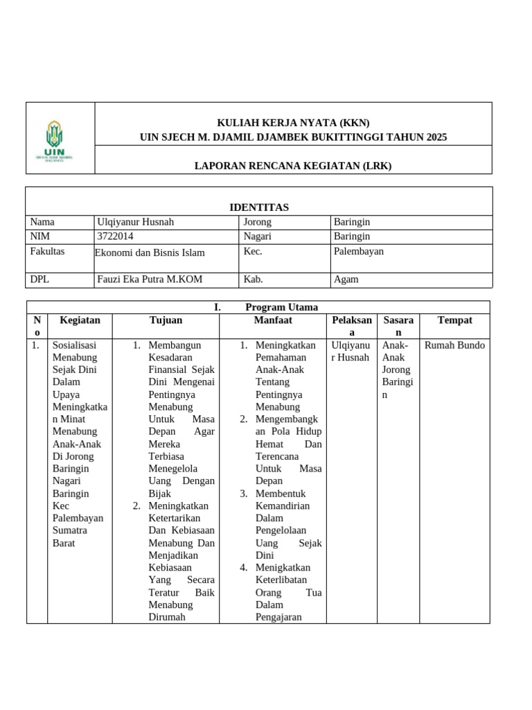 Laporan Rencana Kegiatan (LRK) Kel. Mahasiswa KKN 55 Baringin 2025 | PDF
