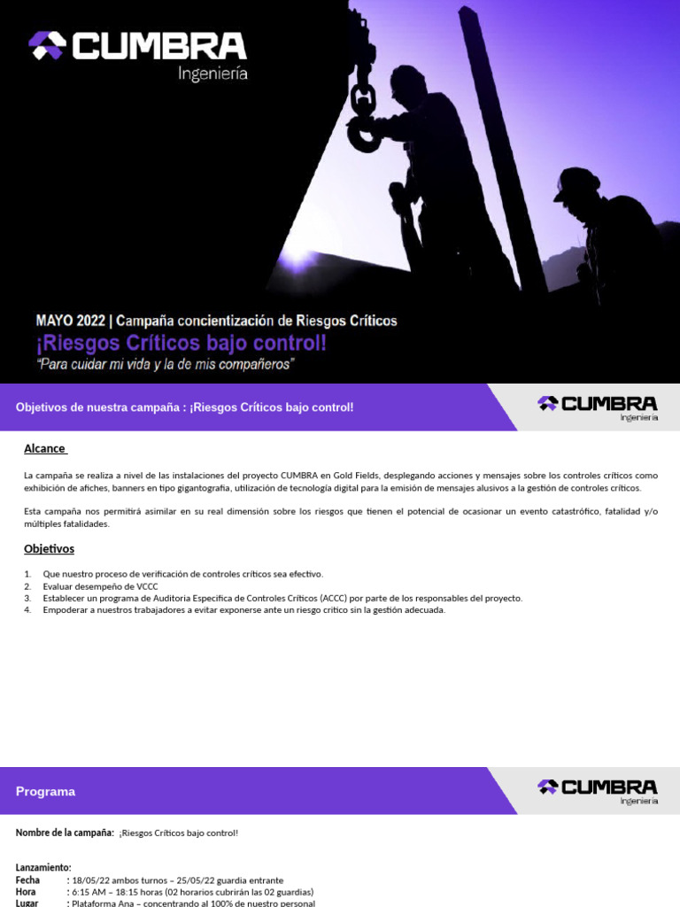 Plan ¡Riesgos Críticos Bajo Control! Mayo 2022 CUMBRA 060522 | PDF