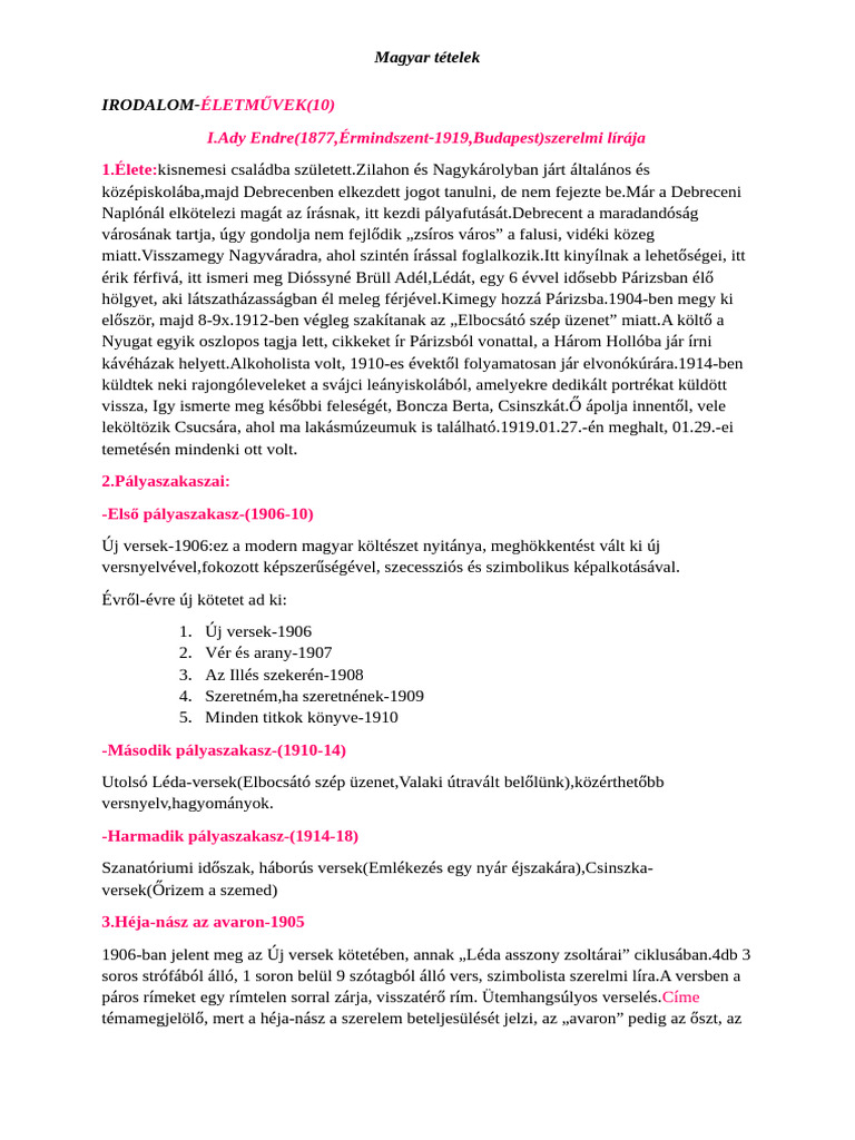 Ady Endre Szerelmi Lírája | PDF