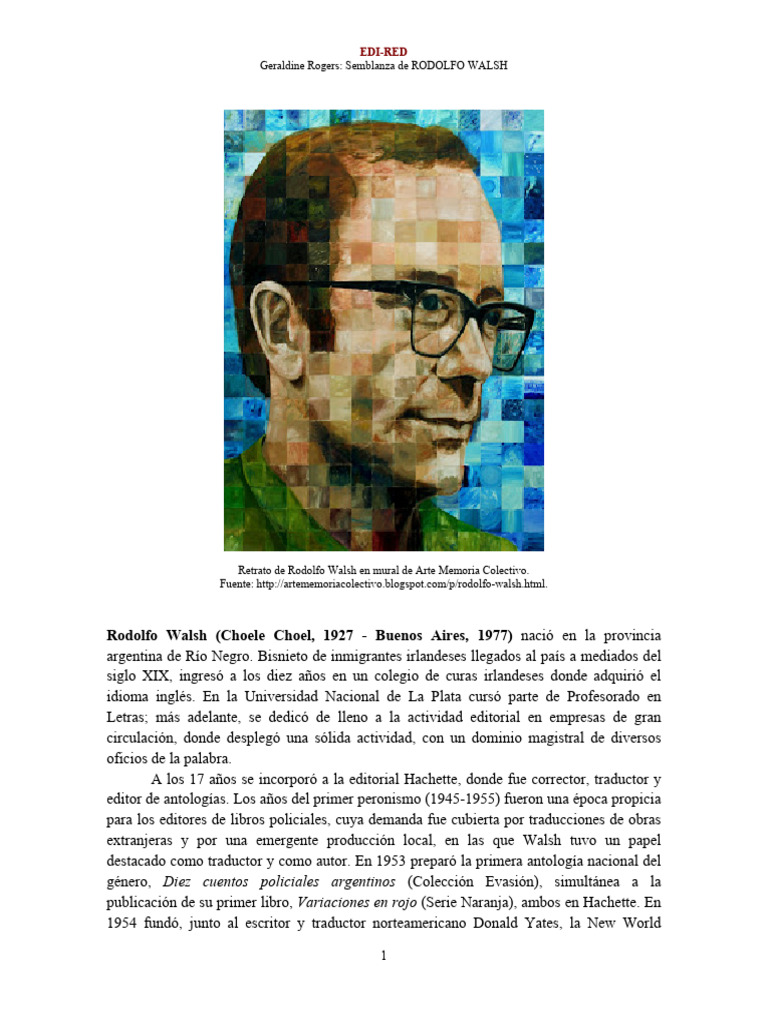 Rodolfo Walsh Choele Choel 1927 Buenos Aires 1977 Semblanza 971124 | PDF
