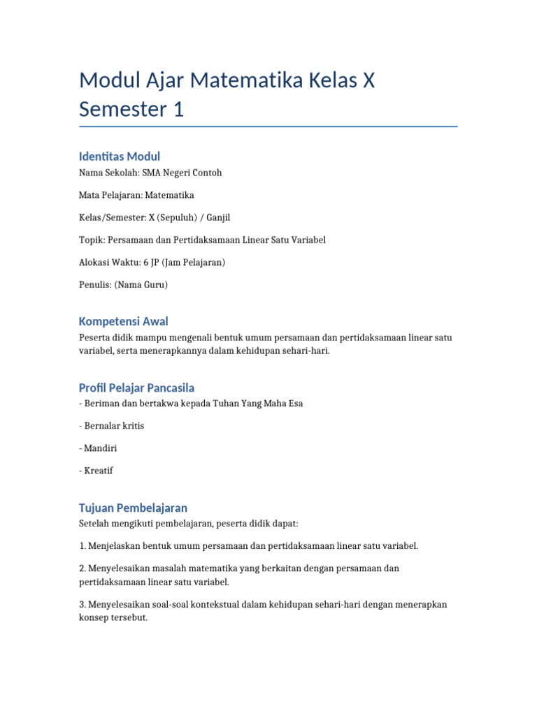 Modul Matematika Kelas 10 Semester 1 | PDF