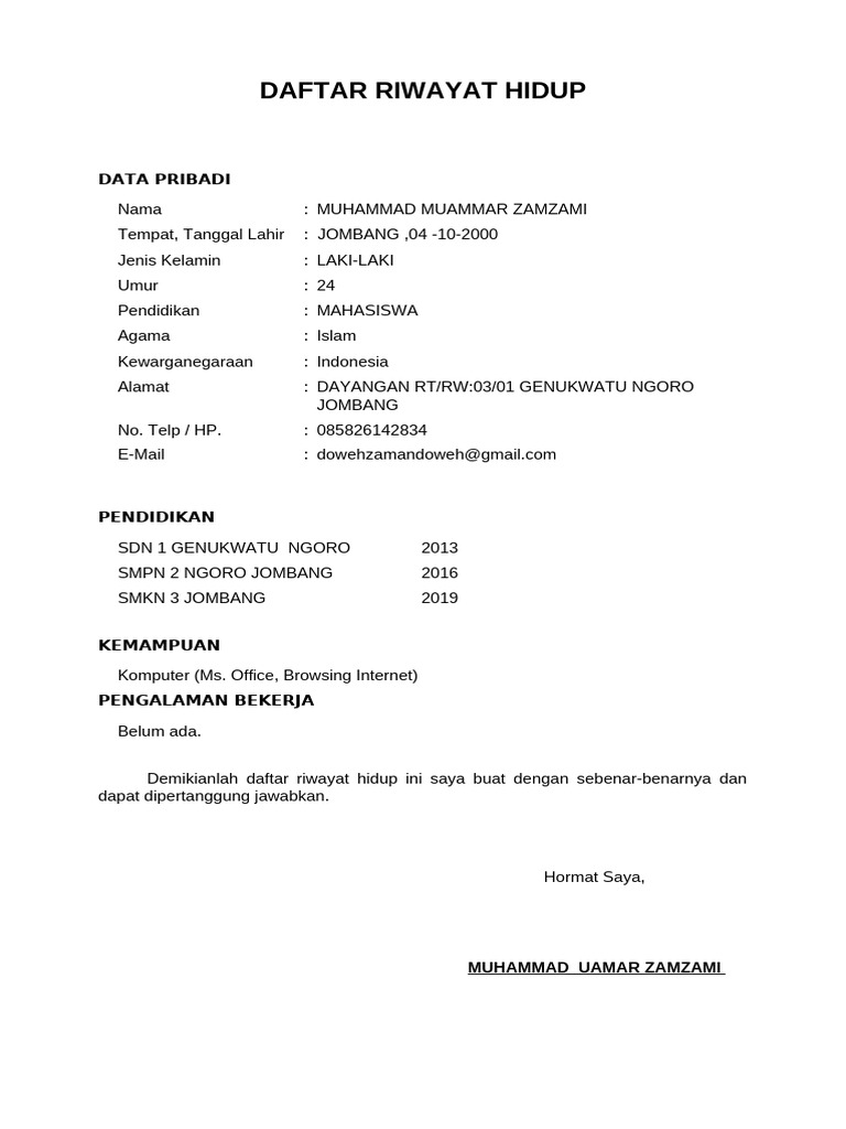 CV Muhammad Muammar Zamzami 2023 | PDF