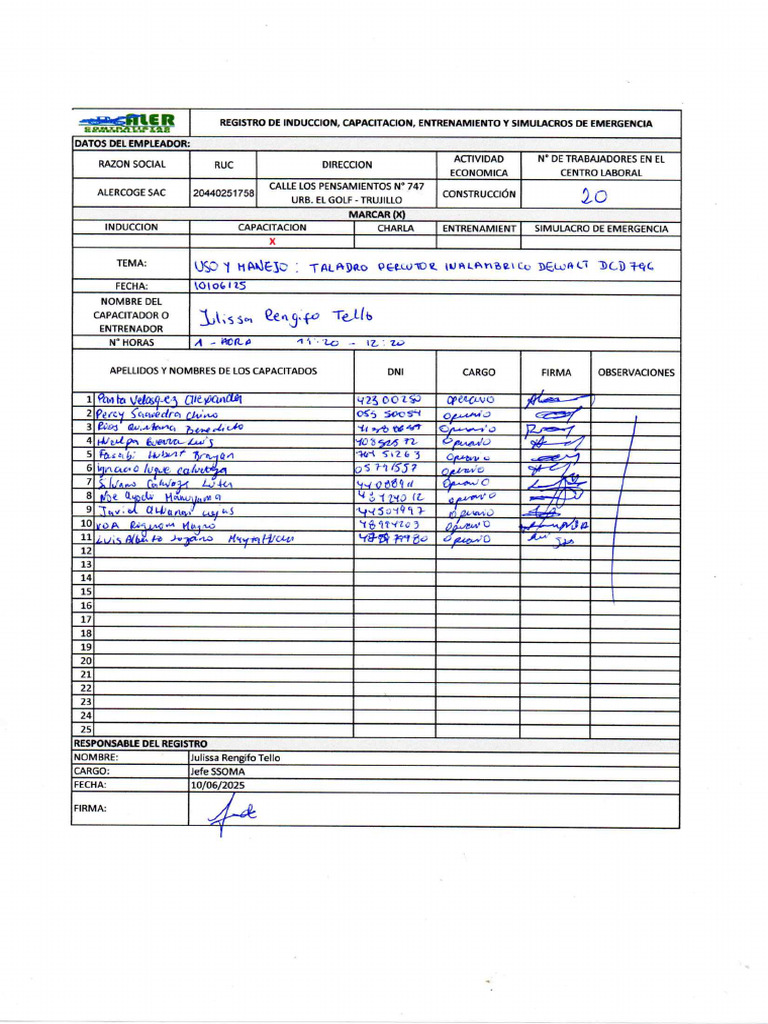 Registro de Capacitacion Taladro + Martillo Demoledor | PDF