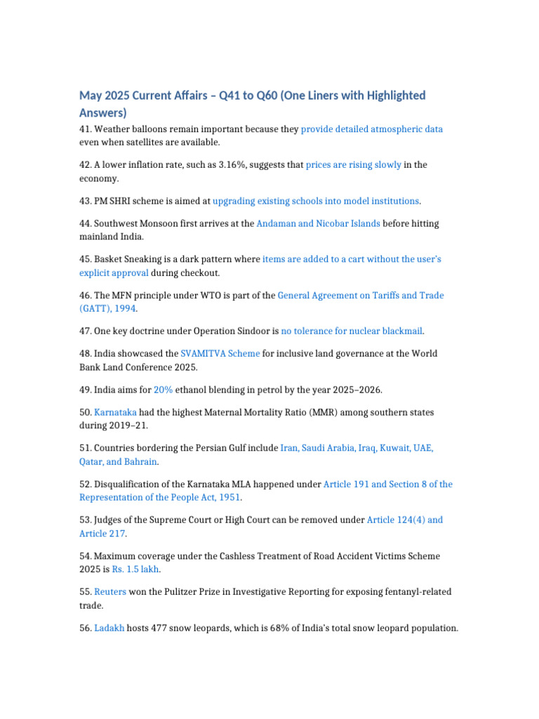 May 2025 CA Q41 To Q60 OneLiners Highlighted Full | PDF