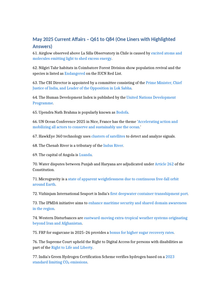 May 2025 CA Q61 To Q84 OneLiners Highlighted Full | PDF