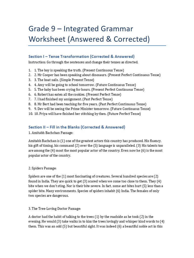 Grade 9 Integrated Grammar Worksheet Answers | PDF