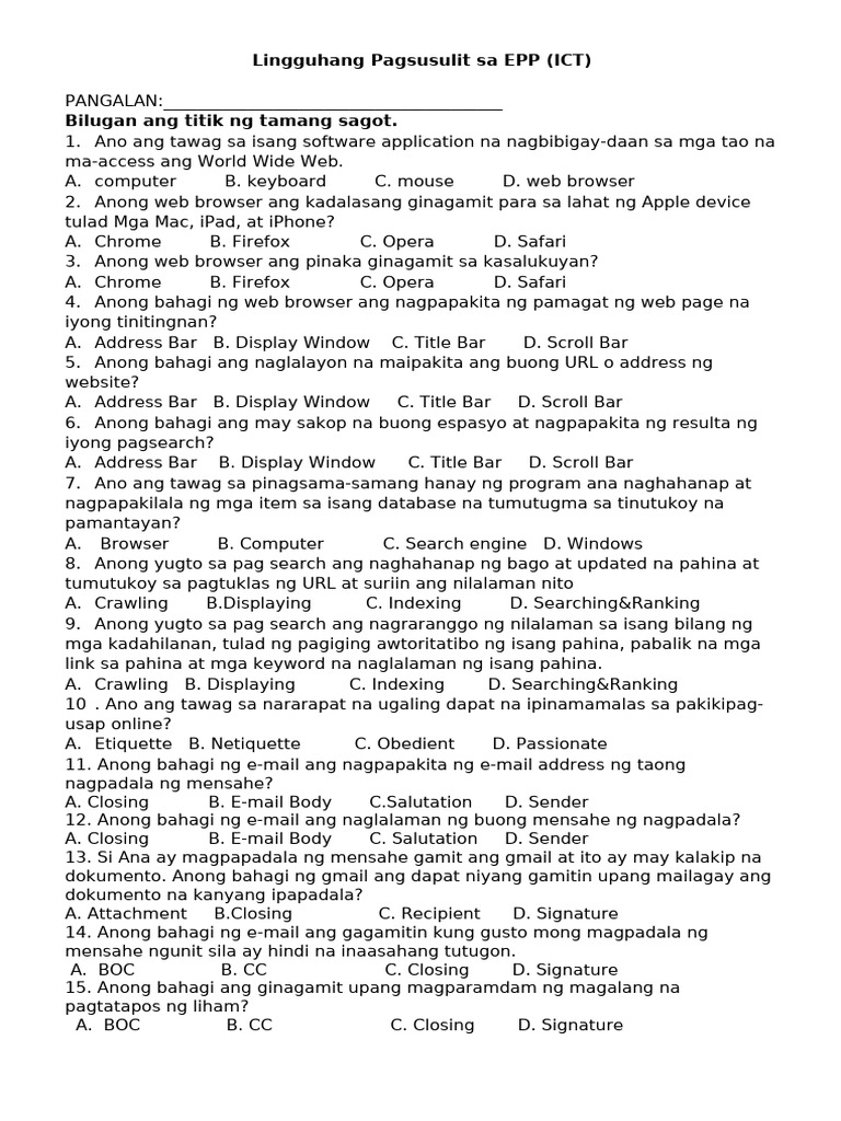 Lingguhang Pagsusulit Sa EPP - Docx WK1 | PDF