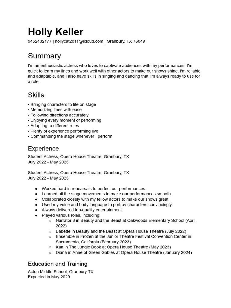 Holly Keller's Acting Resume 2024 2 | PDF