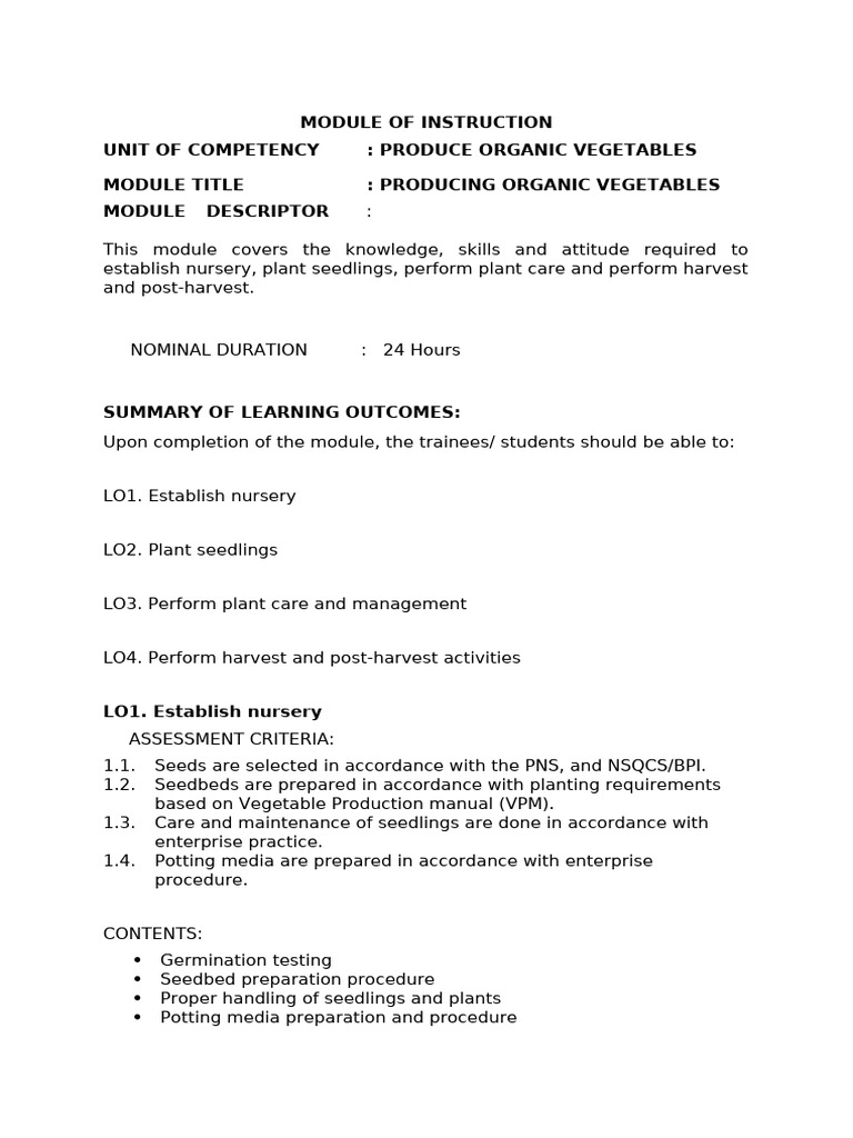 Produce Organic Vegetables Module | PDF | Plant Nursery | Agriculture