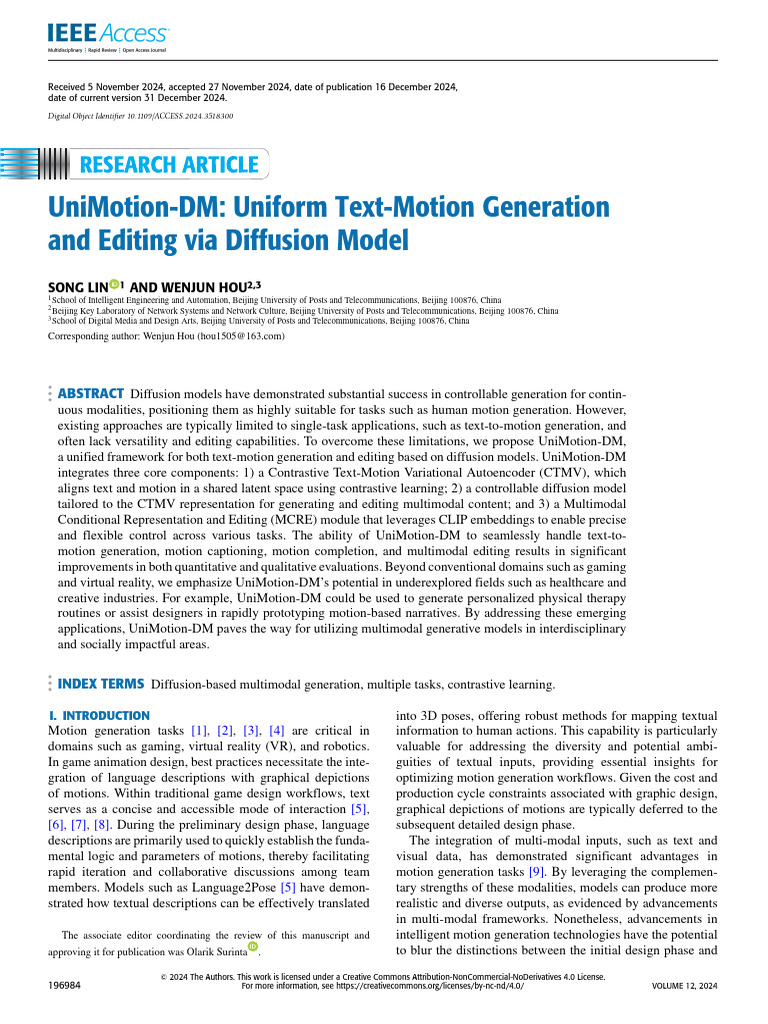 UniMotion-DM Uniform Text-Motion Generation and Editing Via Diffusion Model | PDF | Applied ...