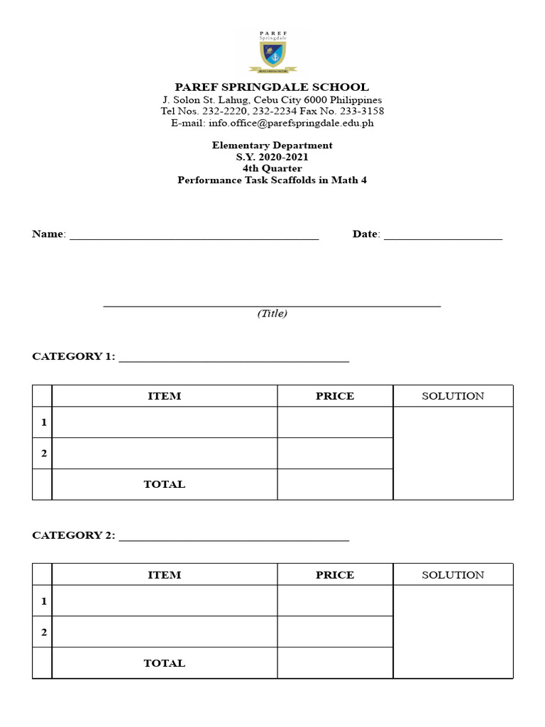 Math 4 Performance Task Scaffolds | PDF
