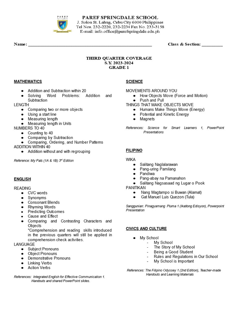 Grade 1 Third Quarter Curriculum Guide | PDF