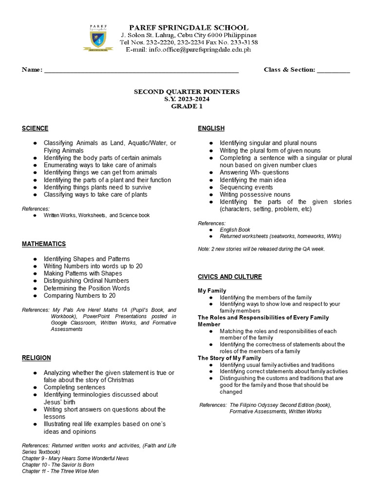Grade 1 QA Pointers (2Q - S.Y. 2023-2024) | PDF | Morphology | Language Mechanics