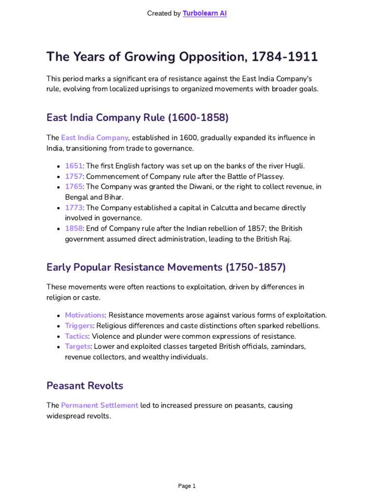 Opposition to East India Company Rule | PDF | British Raj | Partition ...