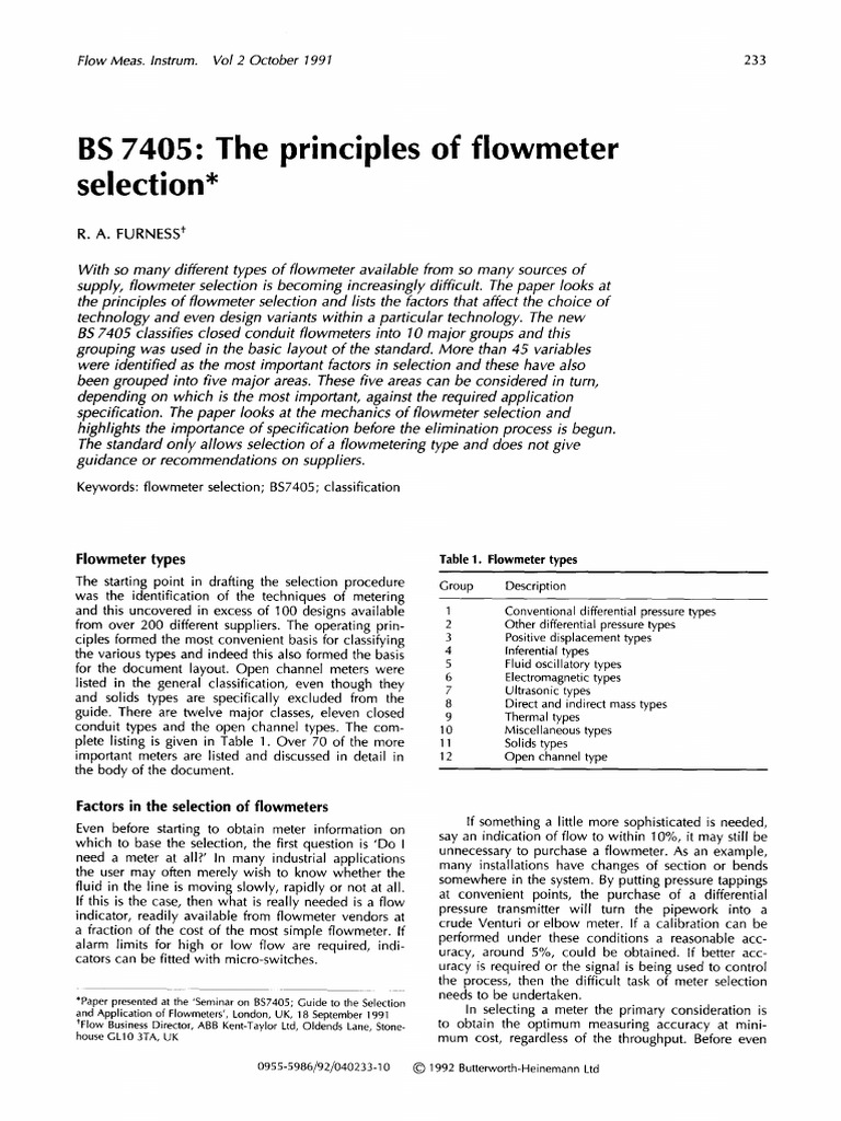 Articulo 01 - The Principles of Flowmeter Selection - Furness1991 | PDF | Flow Measurement ...
