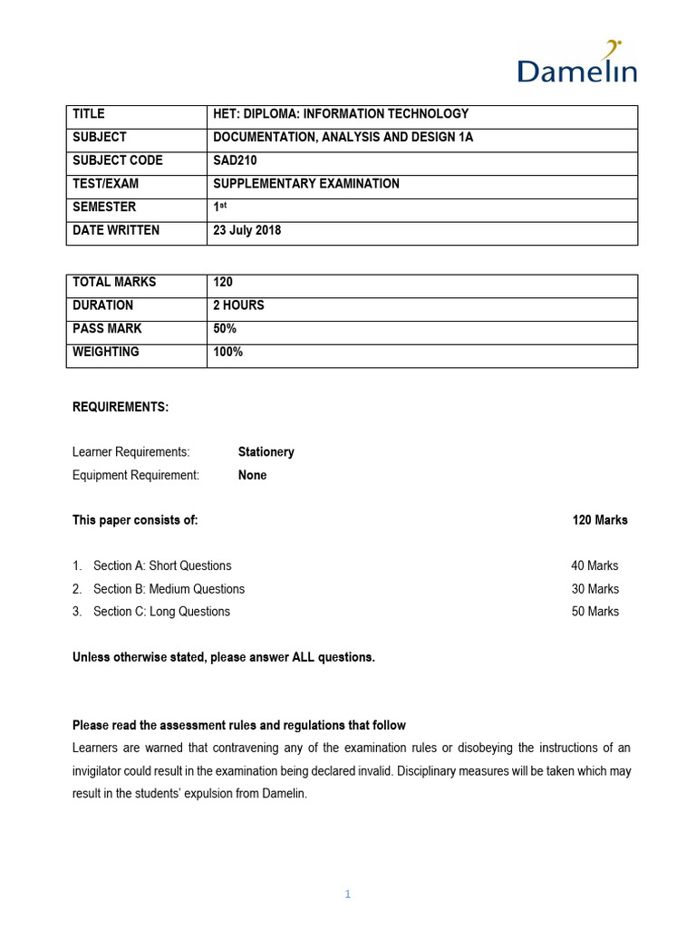Documentation Analysis and Design 1A Supp Exam | PDF