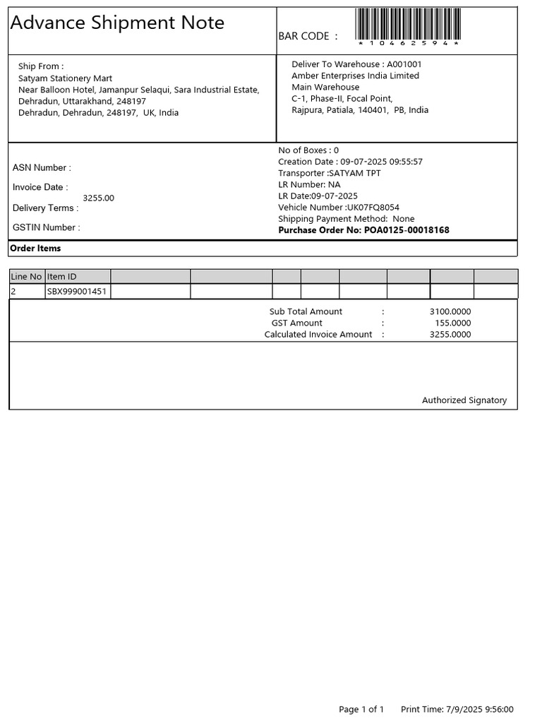 Advance Shipment Note for Colour Cloth | PDF