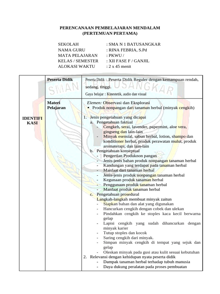 5 Rpp.1 Pembelajaran Mendalam Pkwu Pertemuan Ke-1 - 2 JP | PDF