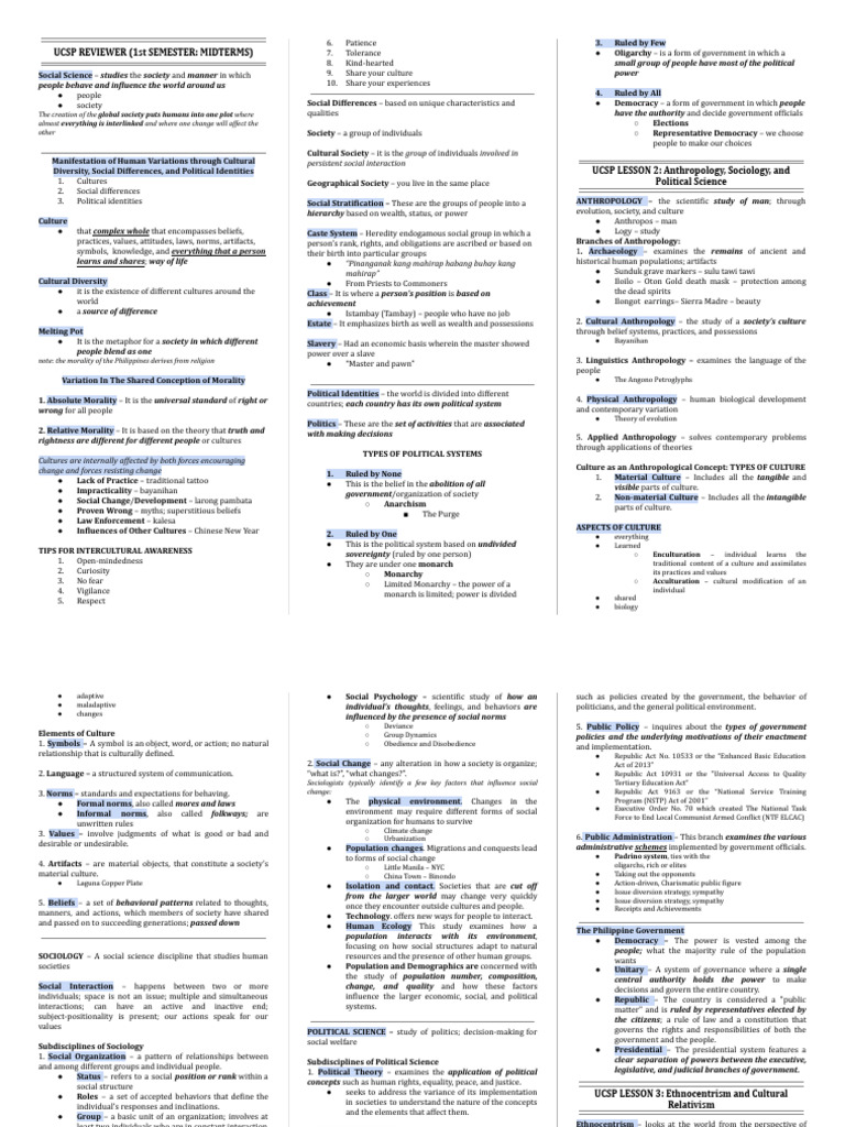 Ucsp Reviewer (Semester 1 - Midterms) | PDF | Sumer | Socialization