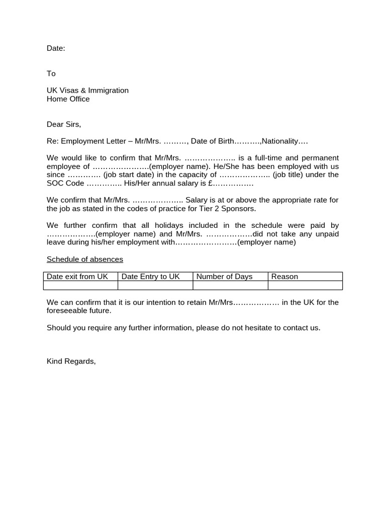 Tier 2 ILR Employer Letter Template | PDF