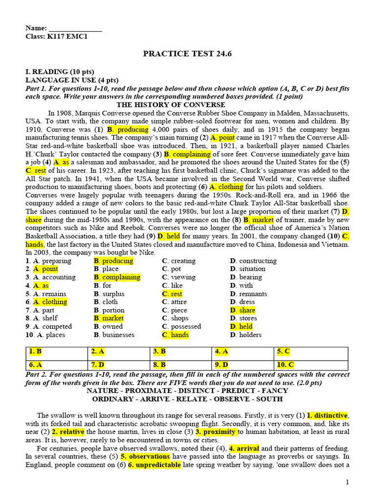 Key - Practice Test 24.6 - Reading | PDF | Mars | Agriculture