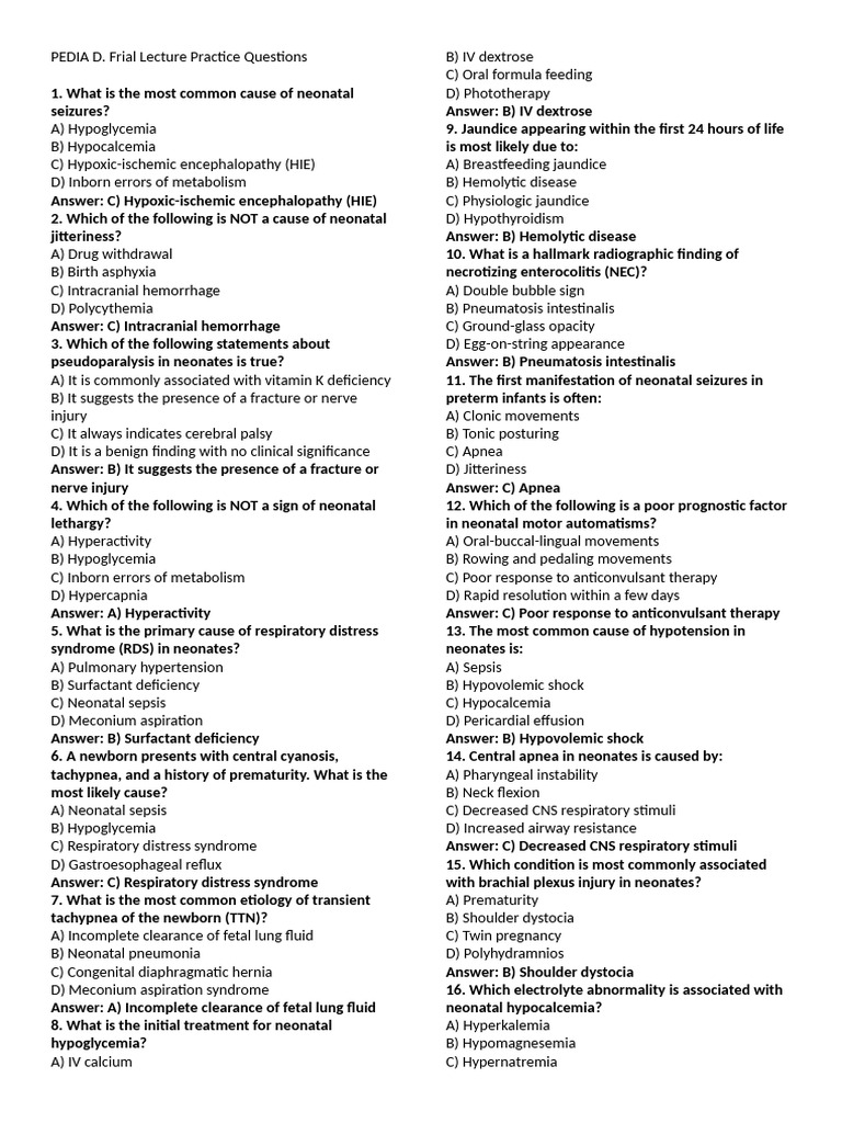 PEDIA - Practice Questions | PDF | Human Diseases And Disorders ...
